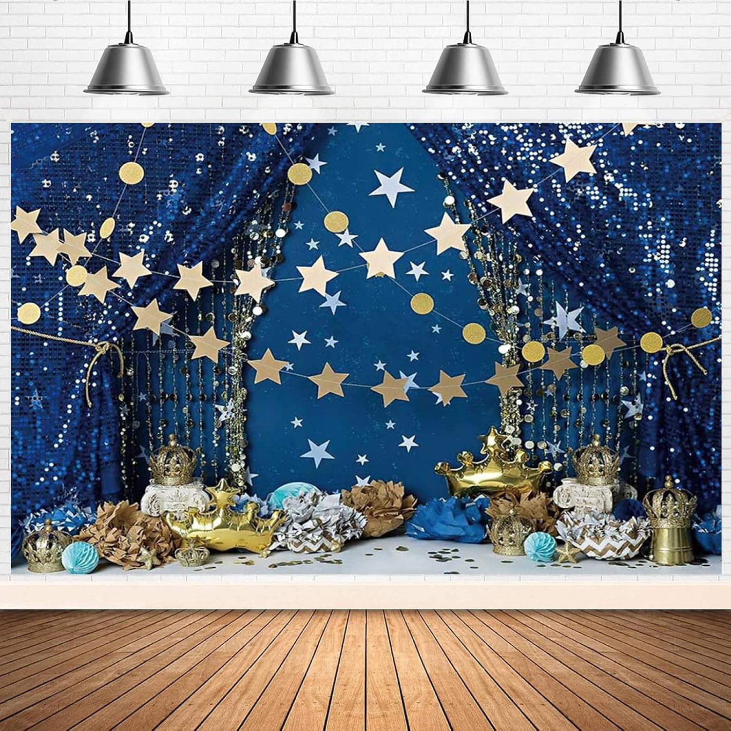 Blue Curtain Happy 1st Birthday Party Backdrops for Photography Golden ...