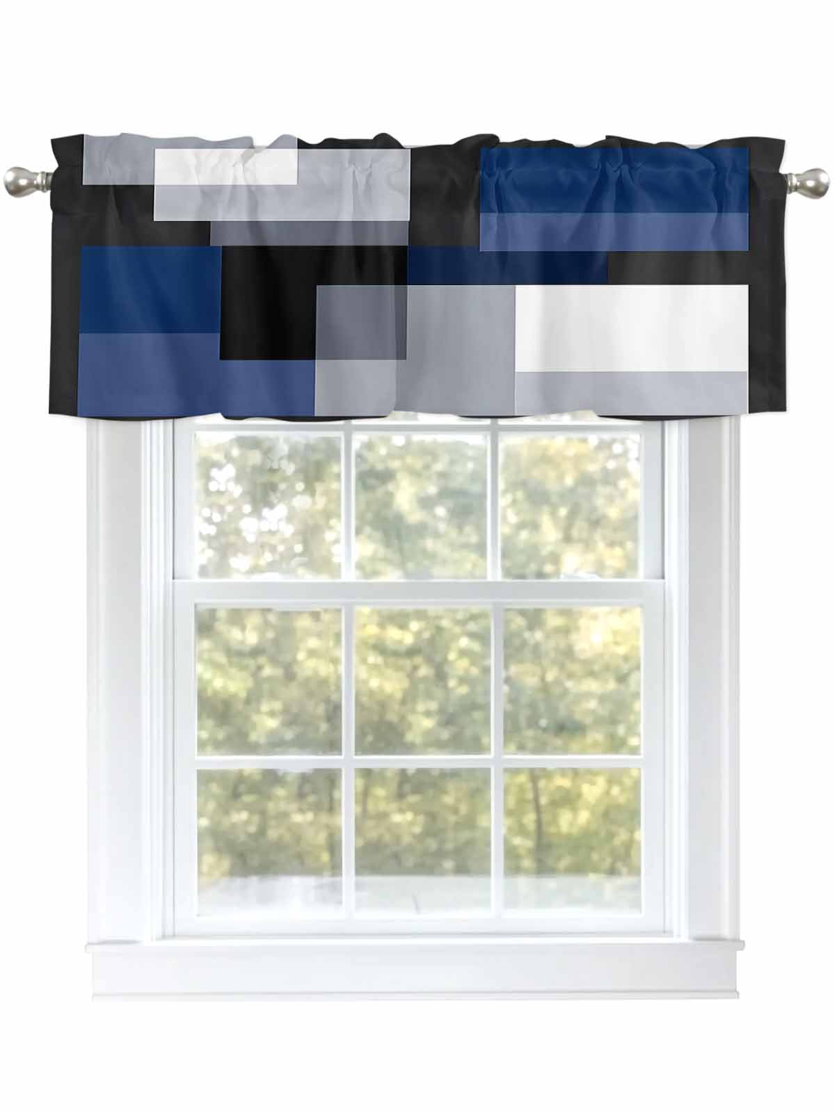 Blue Curtain Valances for Windows, Patchwork Geometric Window Valances ...