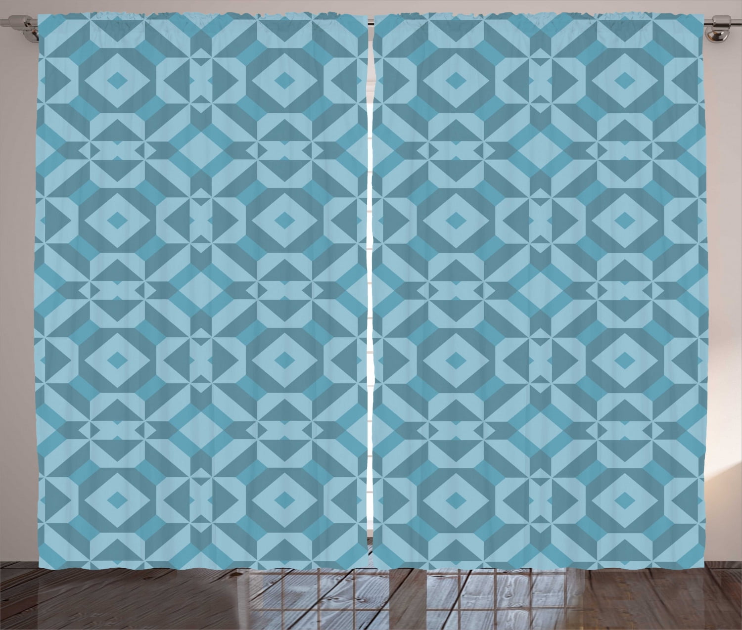 Blue Curtains 2 Panels Set, Geometric Illustrated Lattice Pattern with ...
