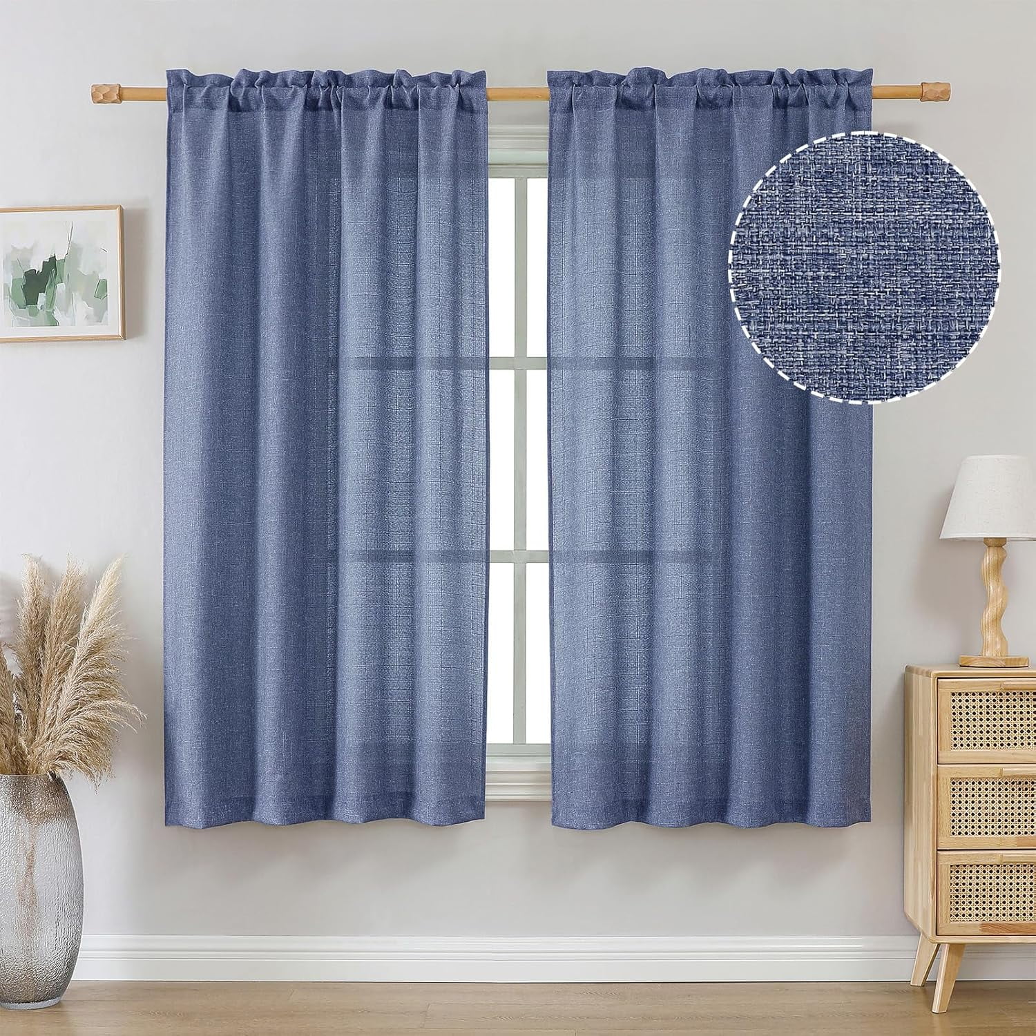 Blue Curtains 63 Inch Length 2 Panels, Faux Linen Textured Semi Light Filtering Drapes, Soft ...