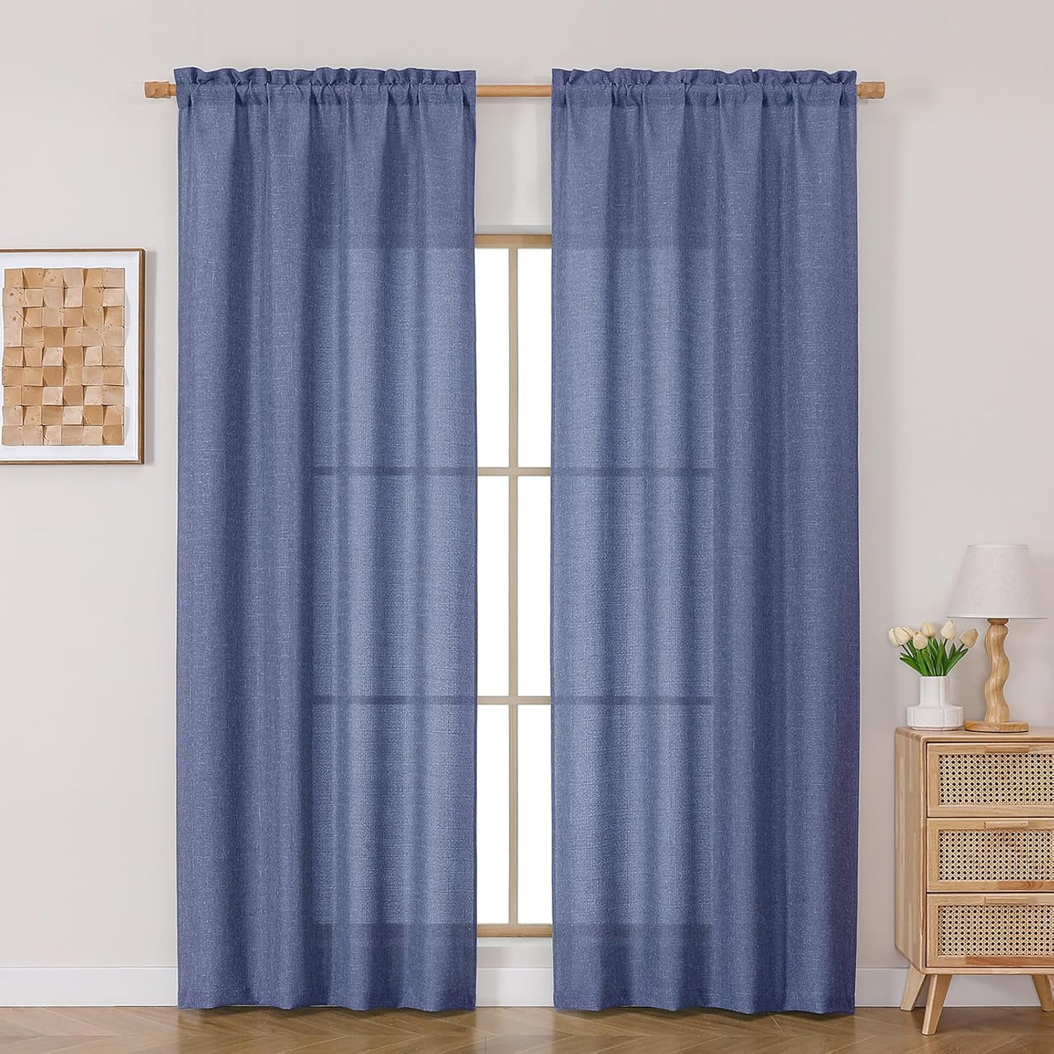 Blue Curtains 84 Inch Length 2 Panels, Faux Linen Textured Semi Light ...