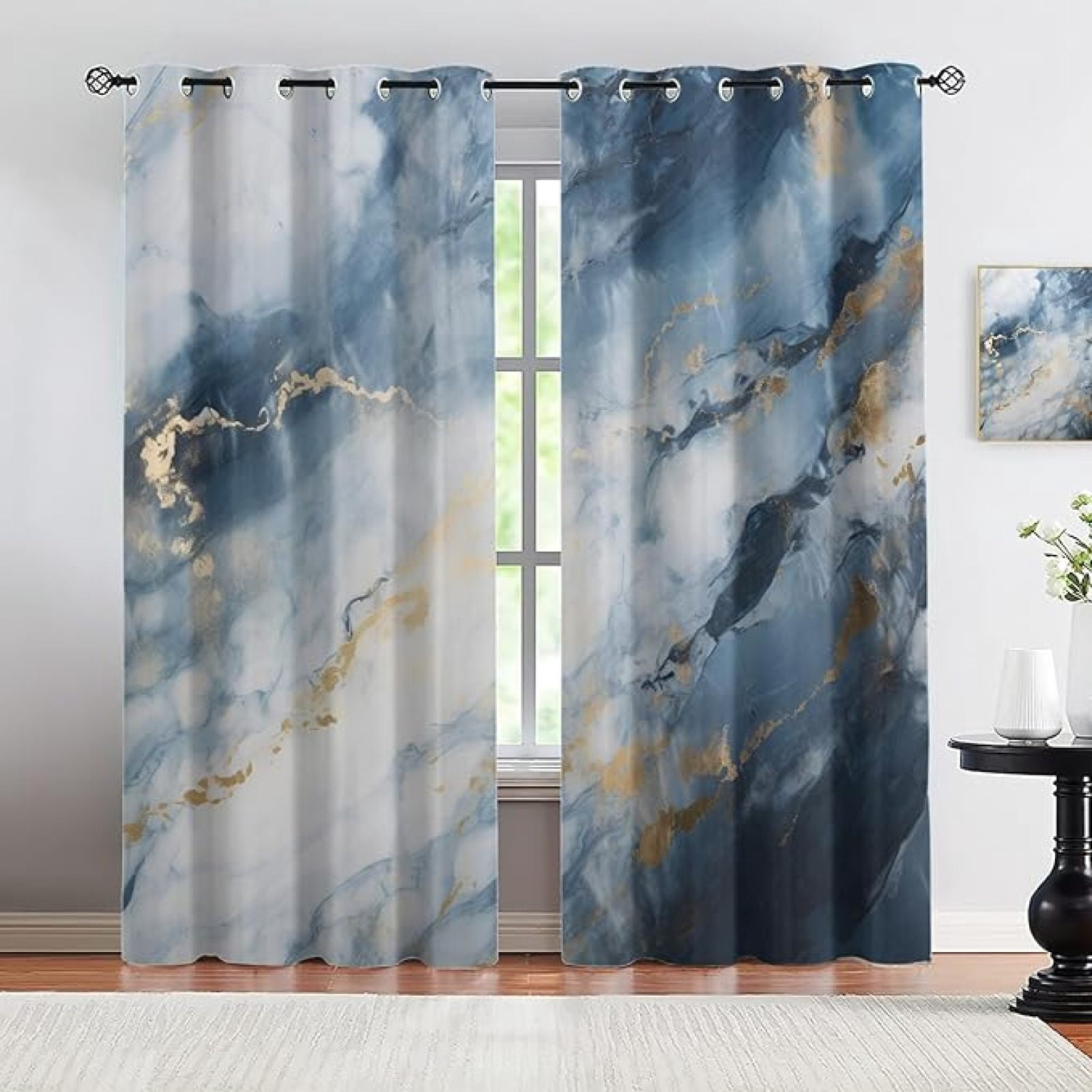 Blue Curtains, Abstract Gradient Marble Blackout Curtains, Light Luxury ...