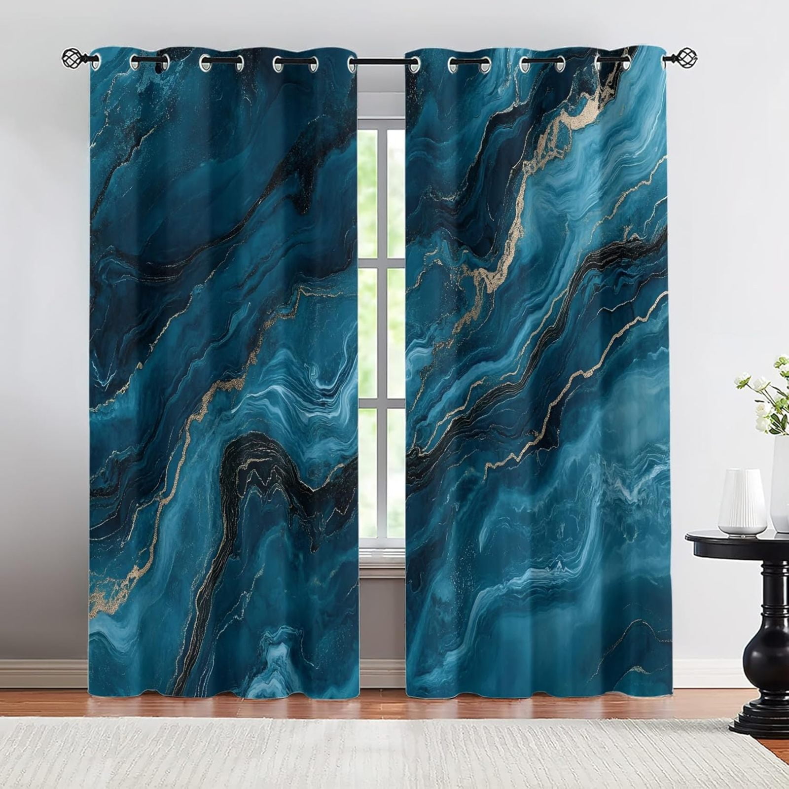 Blue Curtains Blackout, Room Darkening Grommet Fluid Marble Drapes For ...
