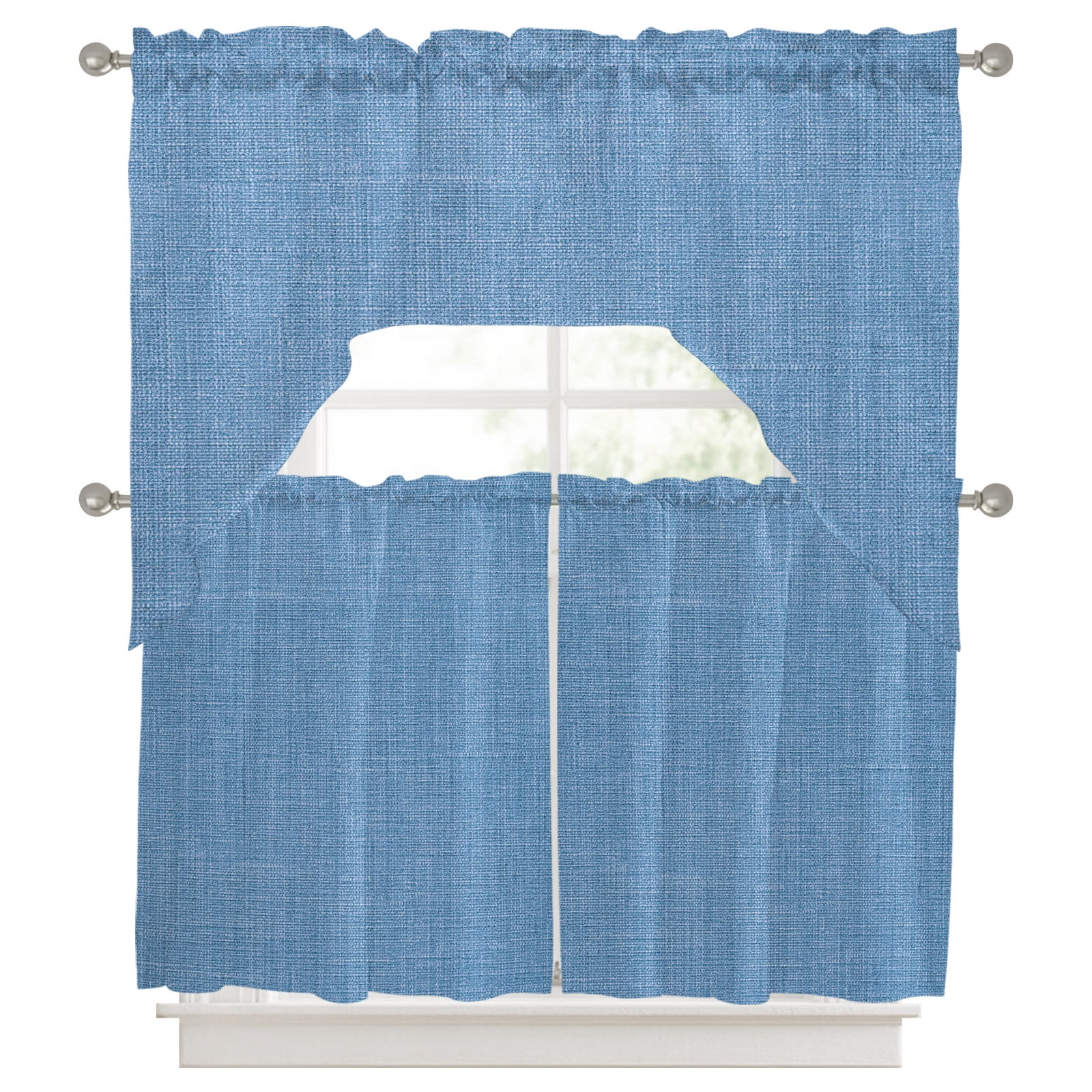 Blue Curtains Swag and Tiers Curtains Set, Farmhouse Burlap Solid Blue ...