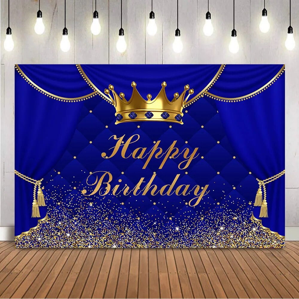 Blue Curtrain Birthday Backdrop Gold Crown Happy Birthday Background ...