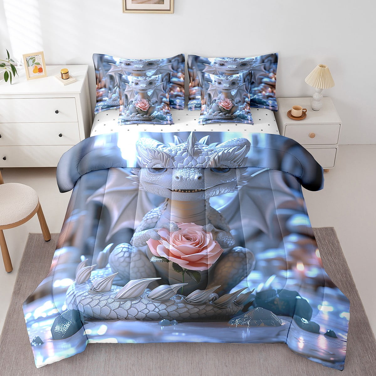 Blue Cute Dragon Bedding Comforter Sets 7-Piece for Toddler Kids Wild ...