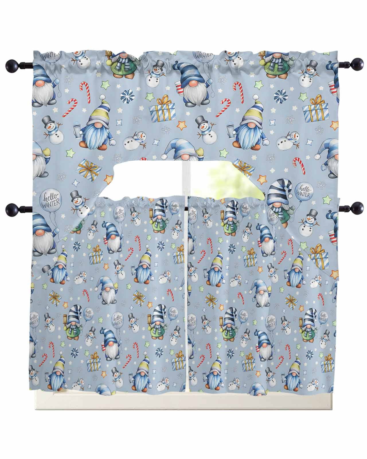Blue Cute Gnomes Kitchen Curtains Sets 24 Inch Length with Valance ...