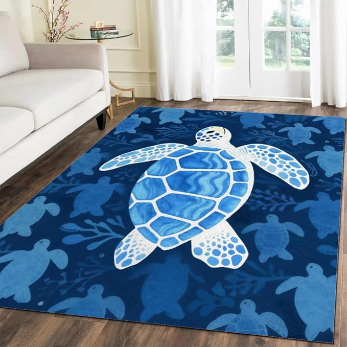 Blue Cute Turtle Area Rugs, Ocean Coral Background 3D Print Carpet ...