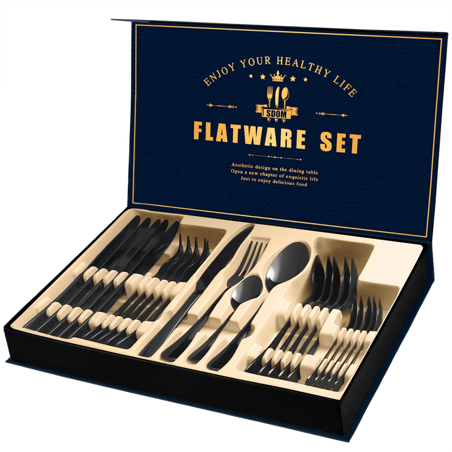 Blue Cutlery Set, 24 Piece Stainless Steel Flatware Silverware Set with ...