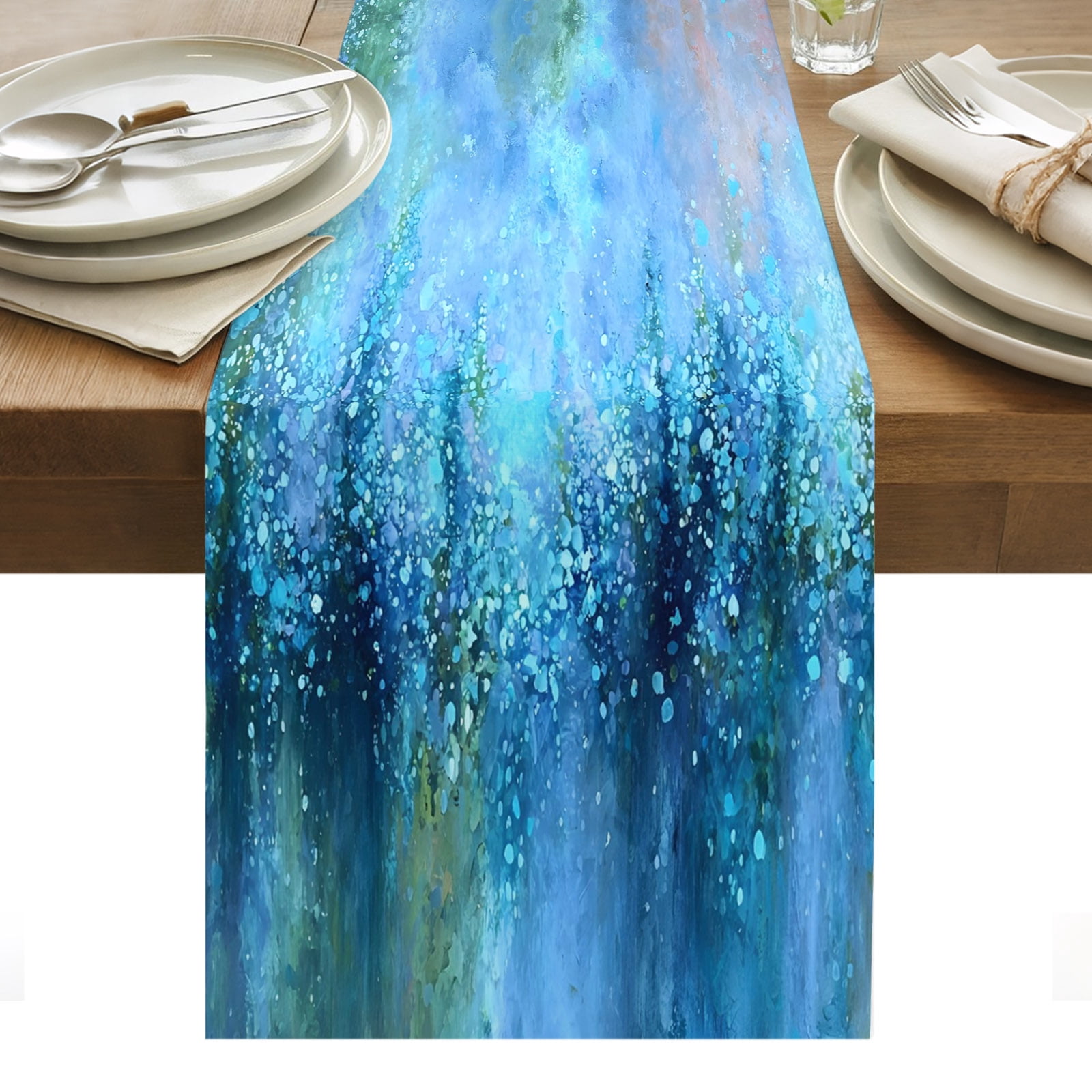 Blue Cyan Bubbles Cotton Linen Table Runner Abstract Nature Dreamy ...