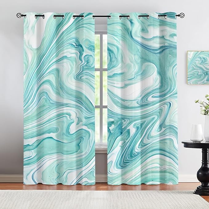 Blue Cyan Marble Textured Grommet Curtains For Bedroom, Abstract Water ...