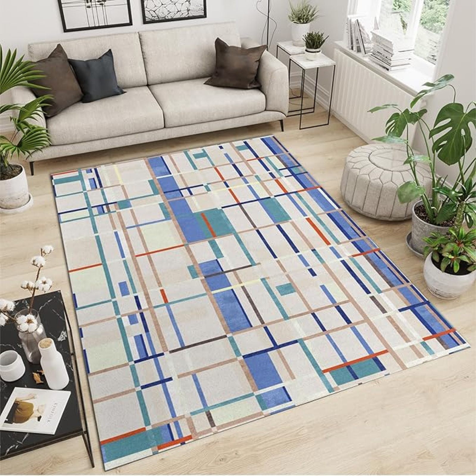Blue Cyan Stripe Geometric Grid Area Rug, Minimalist Indoor Non Slip ...