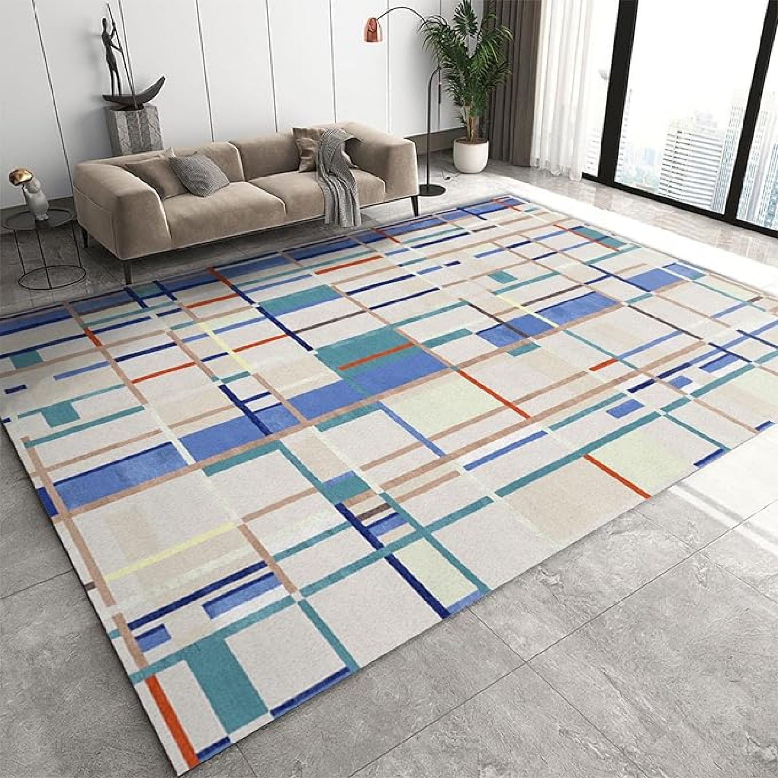 Blue Cyan Stripe Geometric Grid Area Rug, Modern Art Indoor Non Slip ...