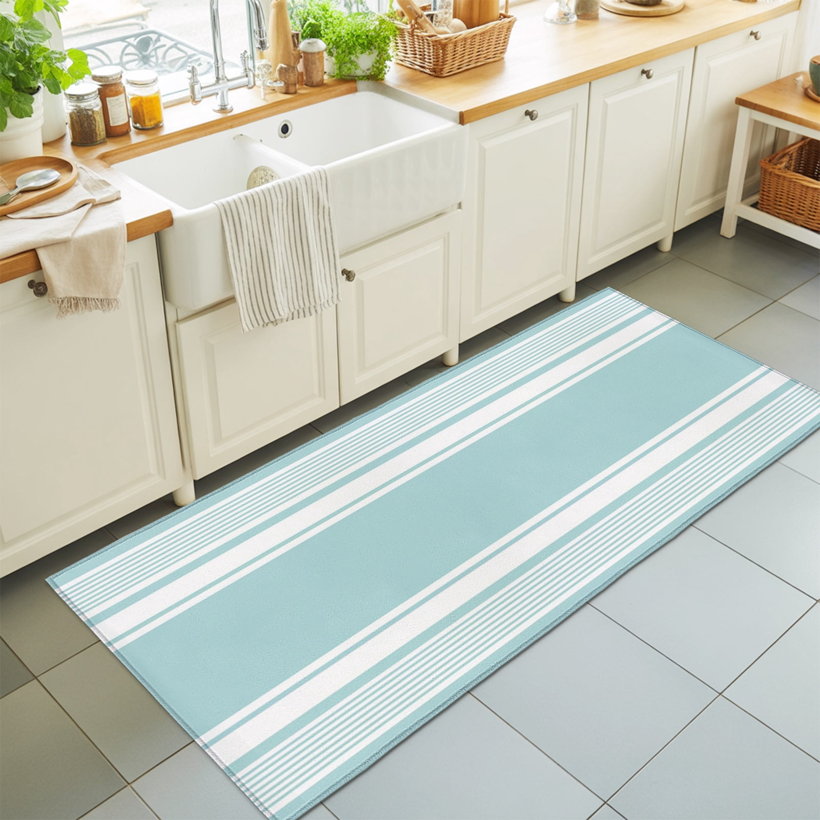 Blue Cyan White Striped Rectangle Rug 2'x6' Geometric Horizontal Lines ...