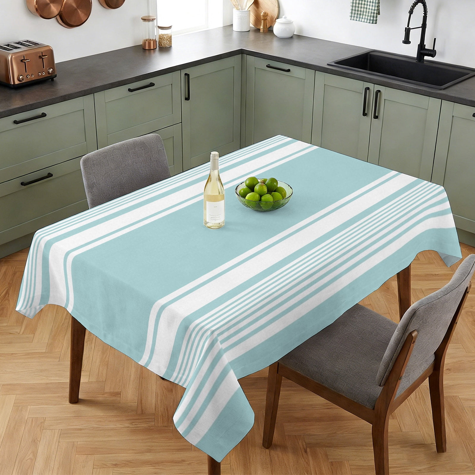 Blue Cyan White Striped Table Cloth 52x70in, Waterproof Rectangle ...