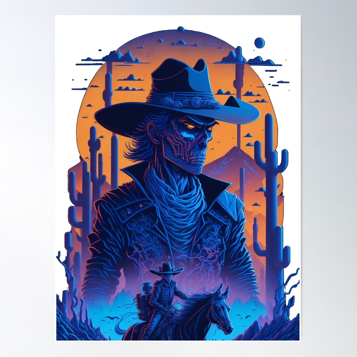 Blue Cyberpunk Wild West Cowboy Poster Wall Art, Modern Wall Decor For ...