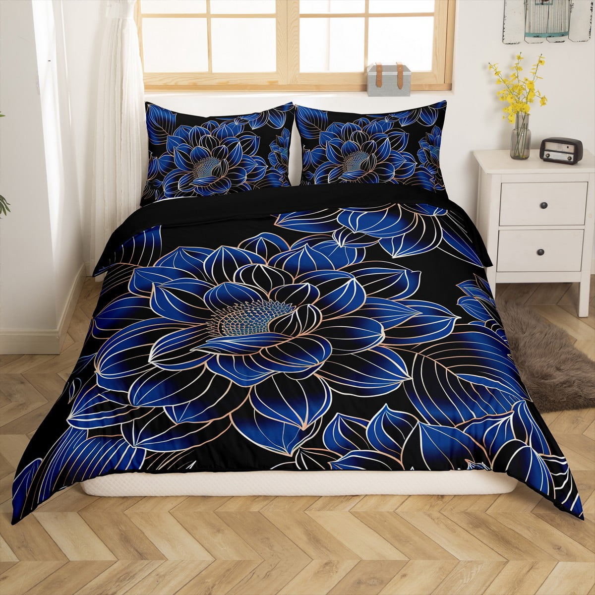 Blue Dahlia Duvet Cover Set Abstract Lotus Flowers Bedding Sets Full ...