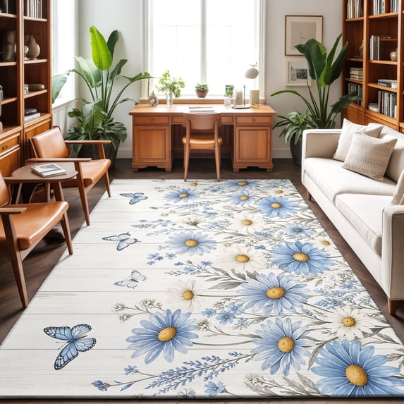 Blue Daisies 4'x6' Rug for Dining Table for 4 People Under Table ...