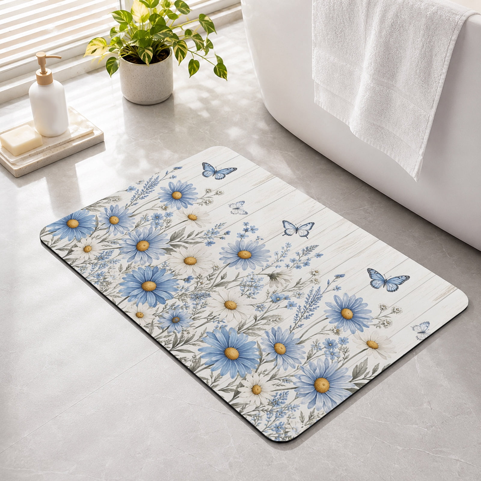 Blue Daisies Non Slip Bathroom Mat, Summer Flower Vintage Rustic ...