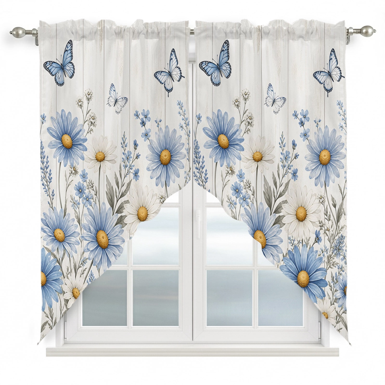 Blue Daisies Swag Curtain Valance for Window 2 Panels Summer Flower ...