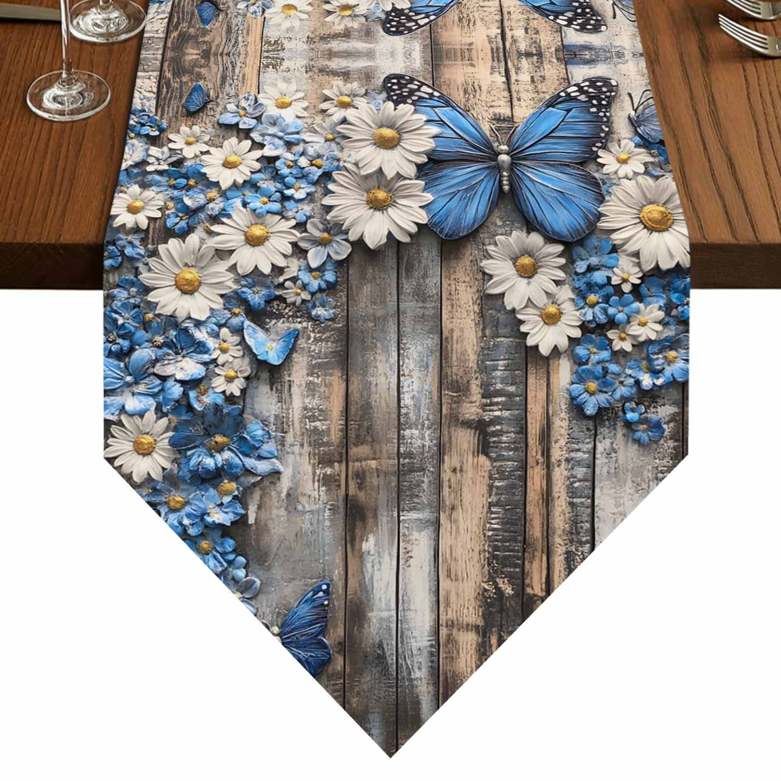 Blue Daisy Butterfly Table Runner for Dining Room, Retro Country White ...