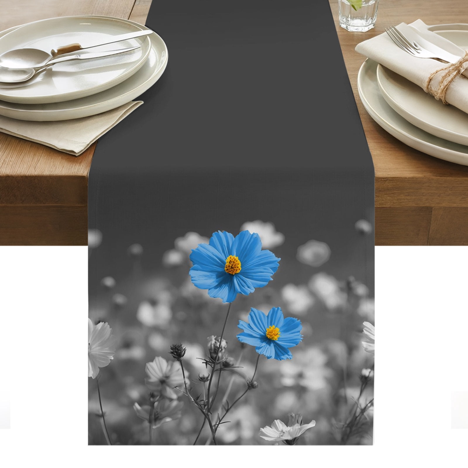 Blue Daisy Cotton Linen Table Runner Abstract Blue Black White Daisy ...