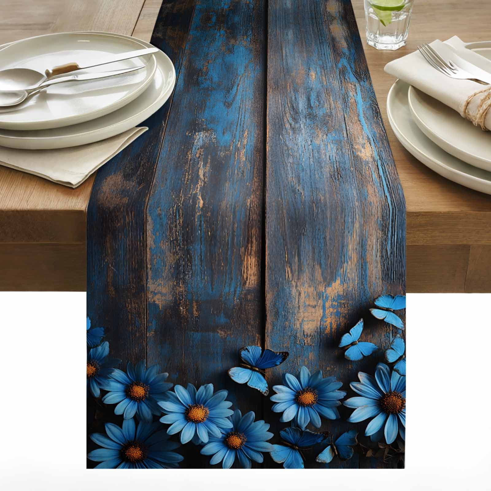 Blue Daisy Cotton Linen Table Runner Spring Flower Butterfly Floral ...