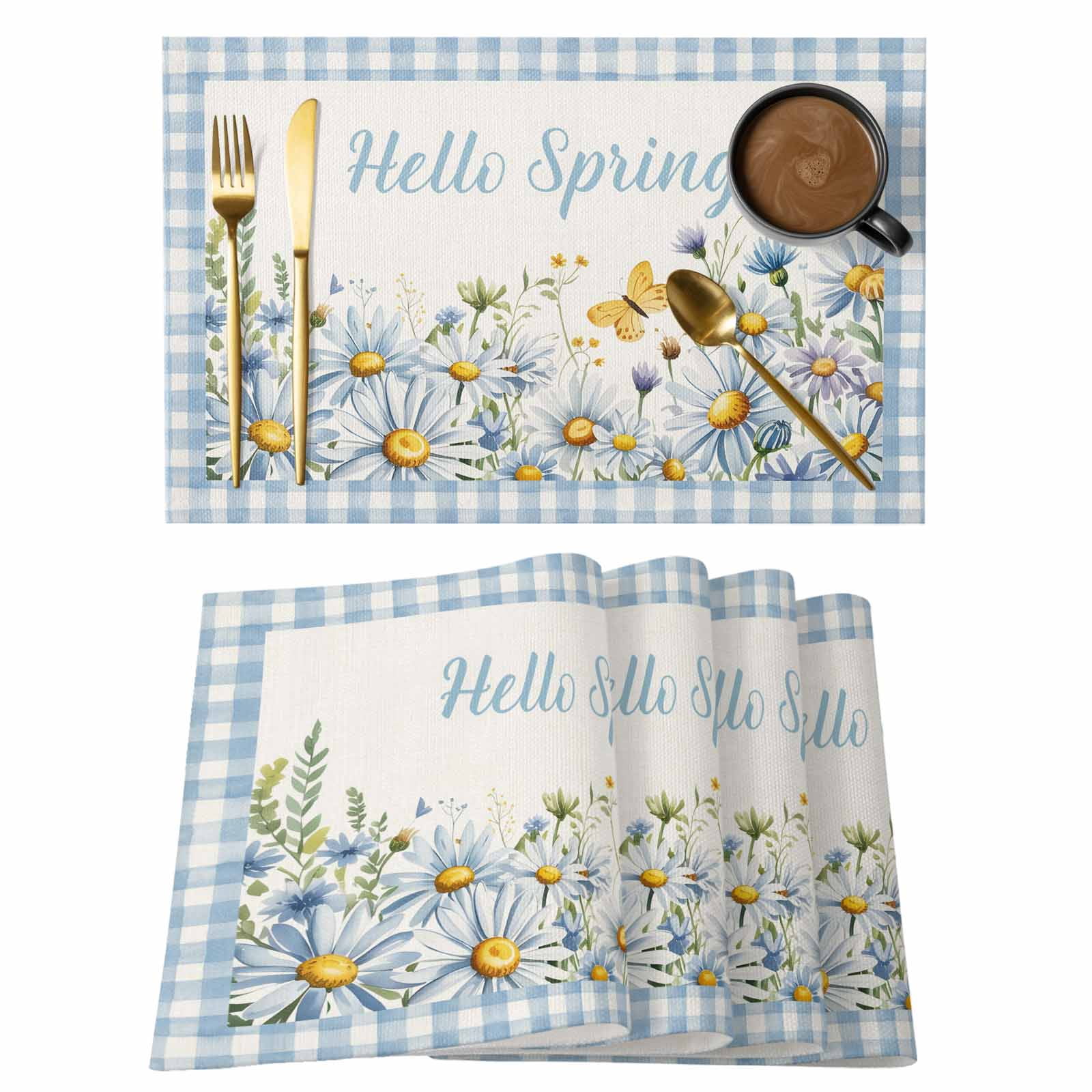 Blue Daisy Floral Placemats Set of 4 Spring Country Flower Butterflies ...
