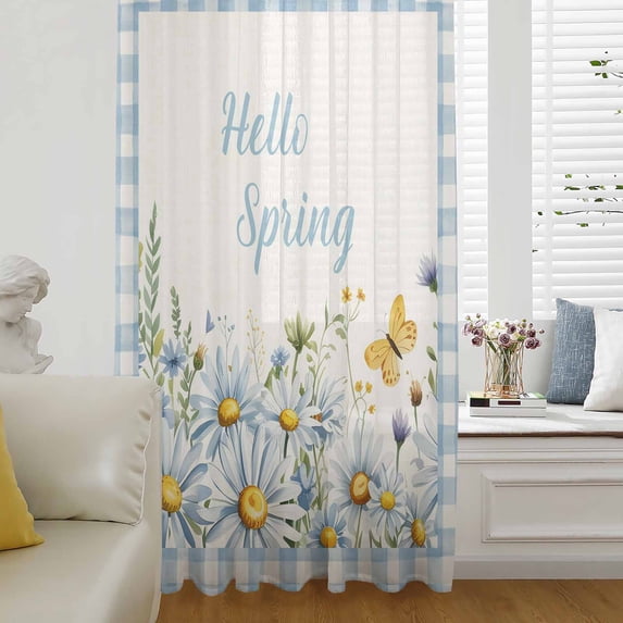 Blue Daisy Floral Semi Sheer Curtains Drapes for Living Room,Bedroom ...