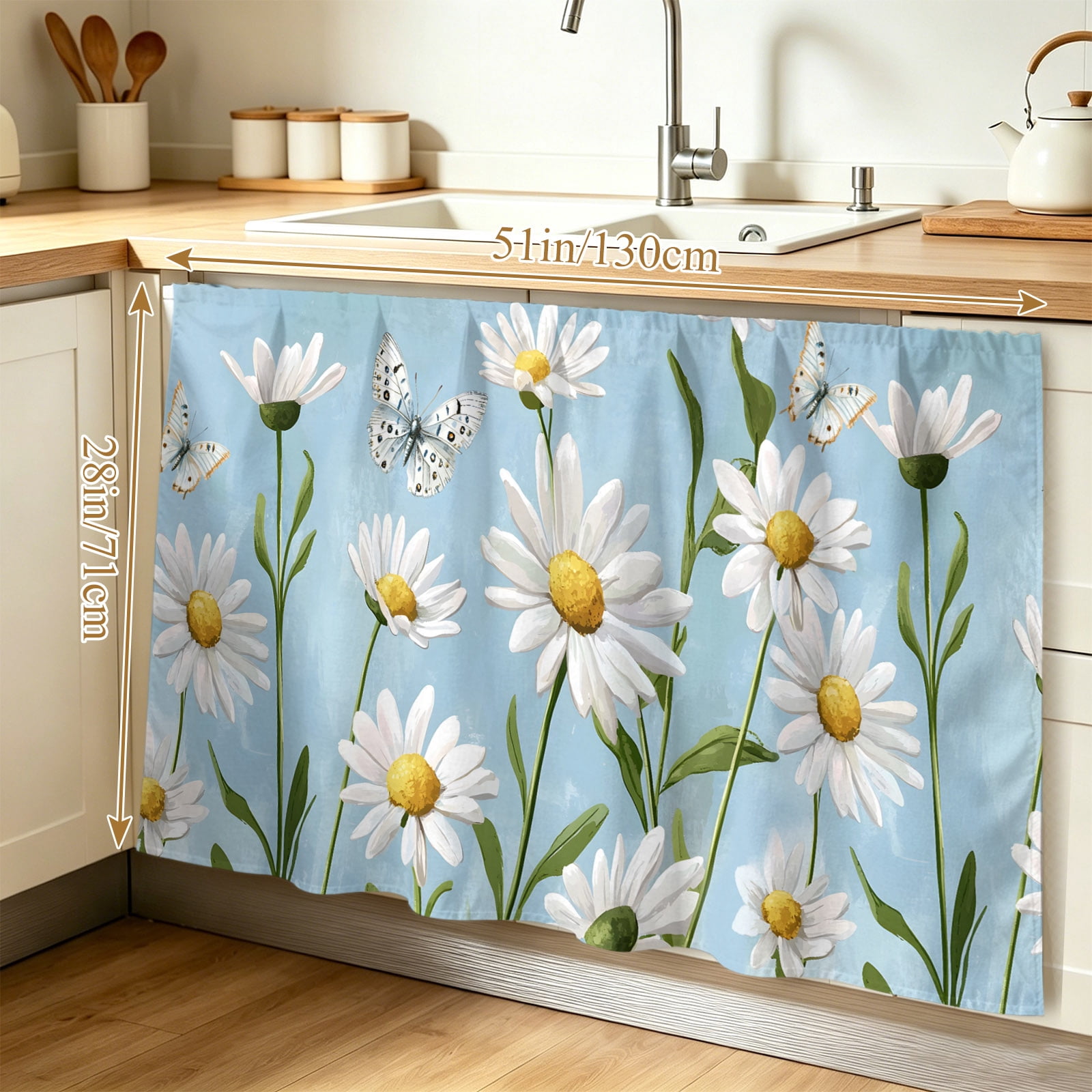 Blue Daisy Flower Cabinet Curtain 28"W x 51"L, White Farmhouse Floral ...