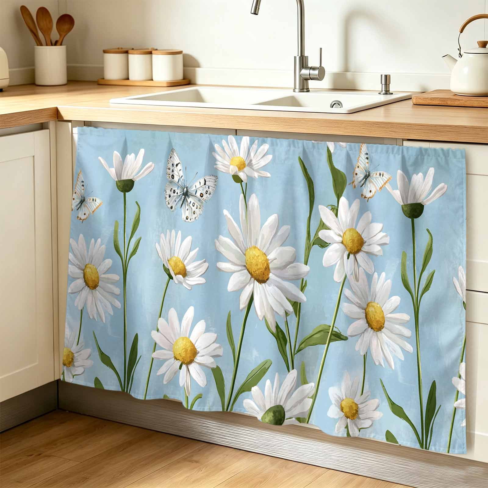 Blue Daisy Flower Cabinet Curtain 32"Wx55"L, Dustproof Pantry Door ...