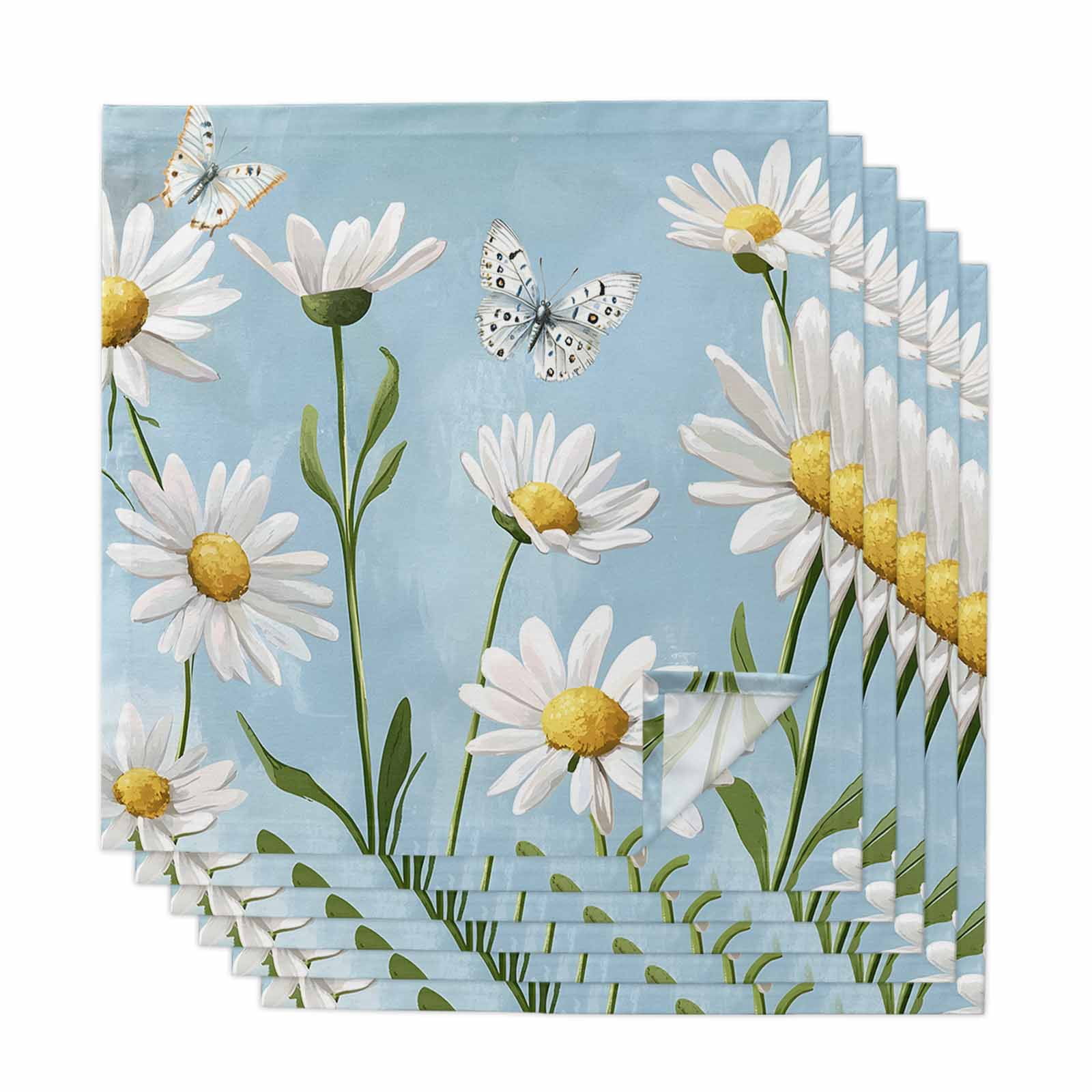 Blue Daisy Flower Cloth Napkins, White Farmhouse Floral Spring Washable ...