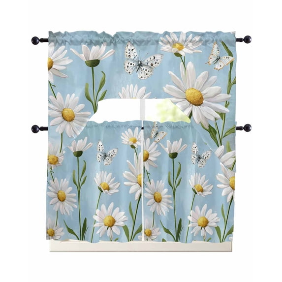 Blue Daisy Flower Kitchen Curtain and Valance Set 3 Pieces, Rod Pocket ...