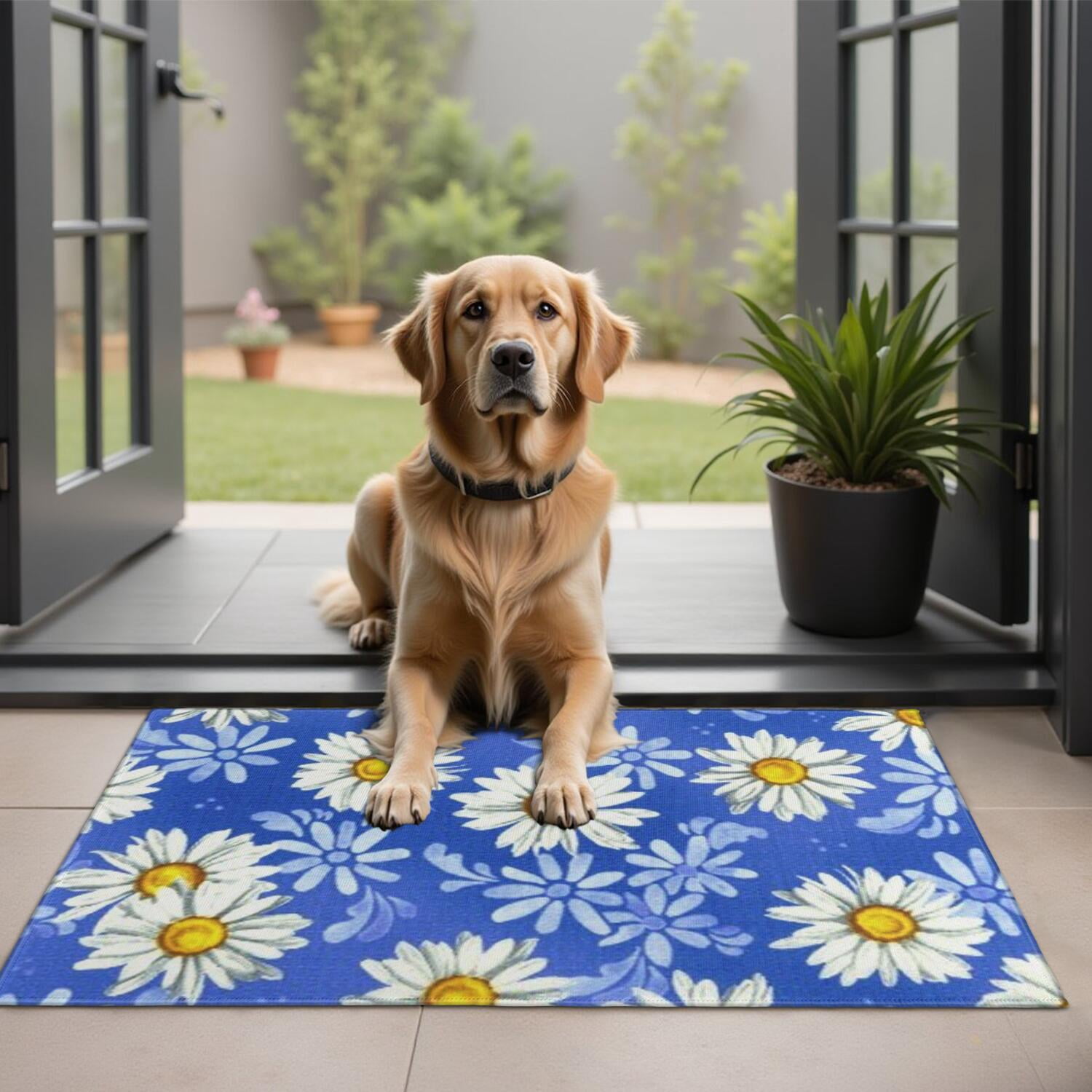 Blue Daisy Flower Lightblue Petals Pattern Door Rugs,Washable Non Slip ...