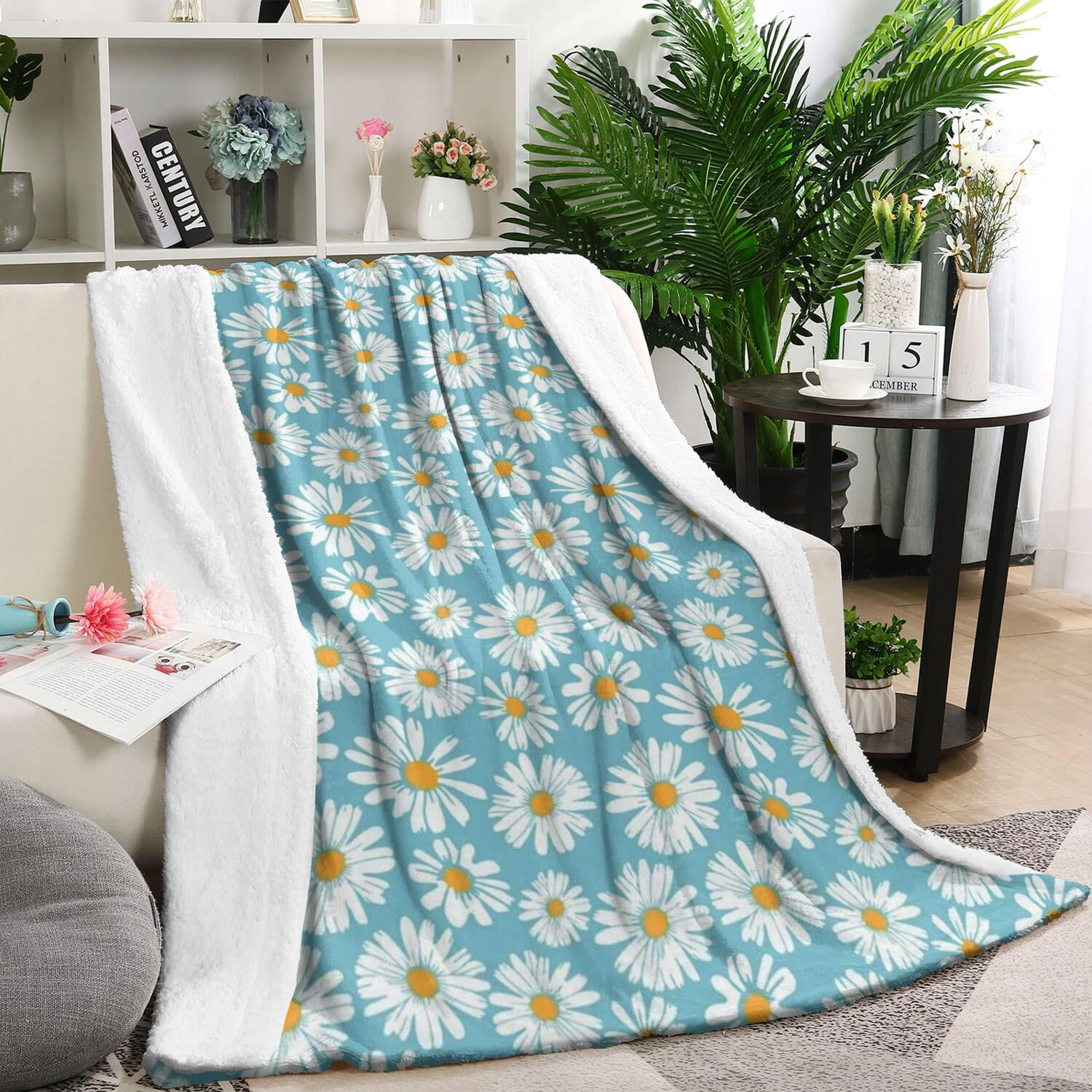 Blue Daisy Flower Pattern Blanket,Comfortable Soft Lamb Wool Throw ...