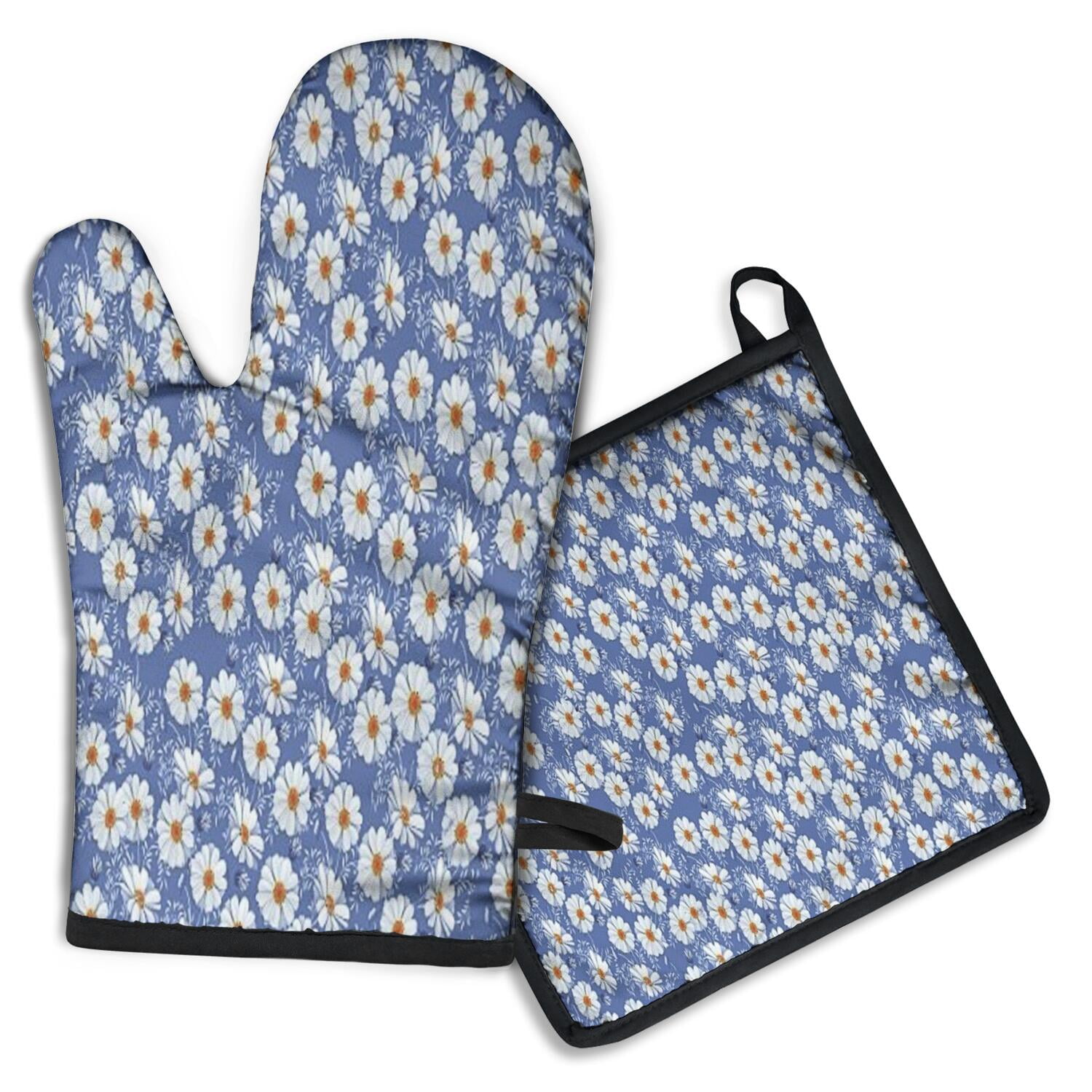 Blue Daisy Flower Pattern Kitchen Oven Mitt and Pot Holder Sets 2 Pcs ...