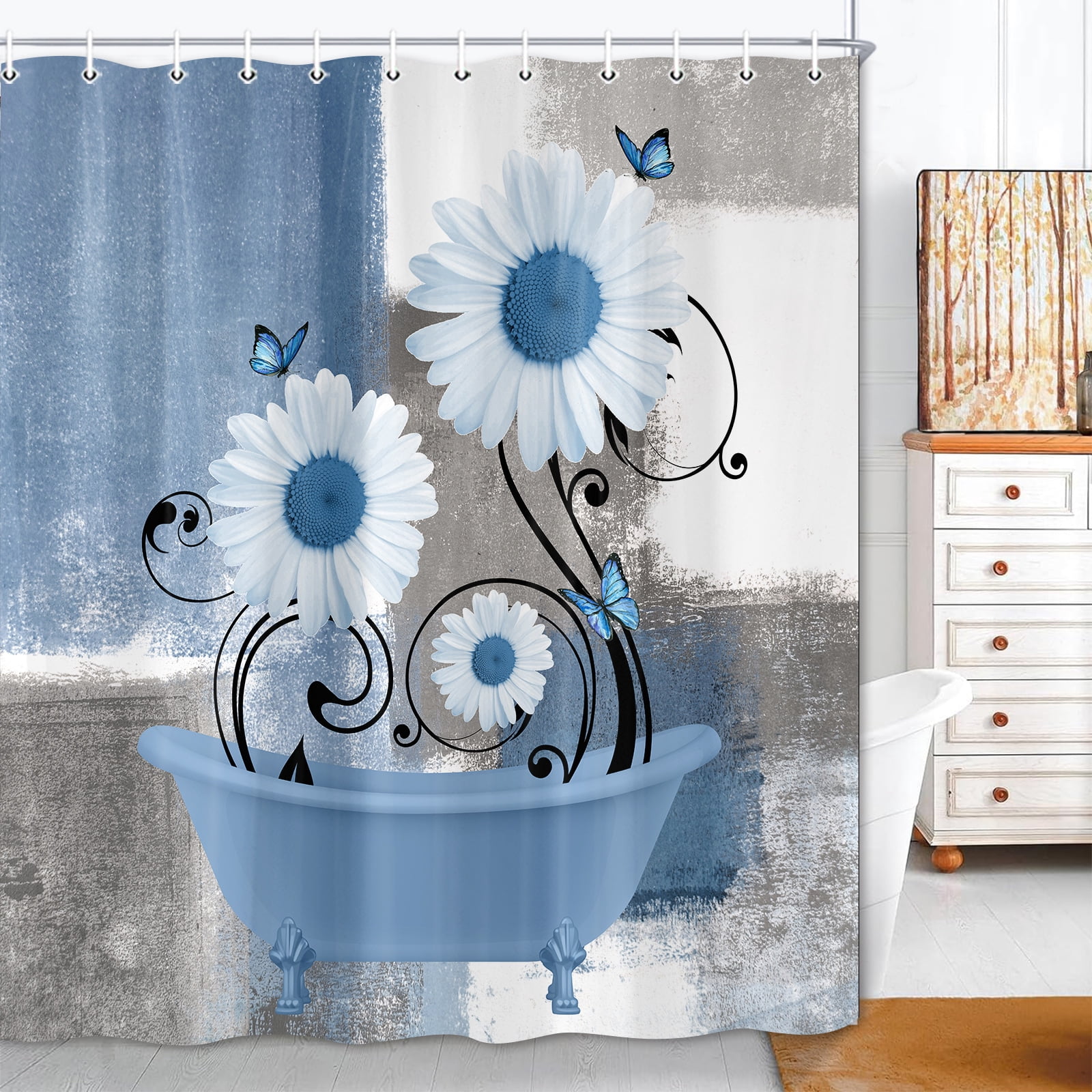 Blue Daisy Flower Shower Curtain, Farmhouse Floral and Butterfly in ...