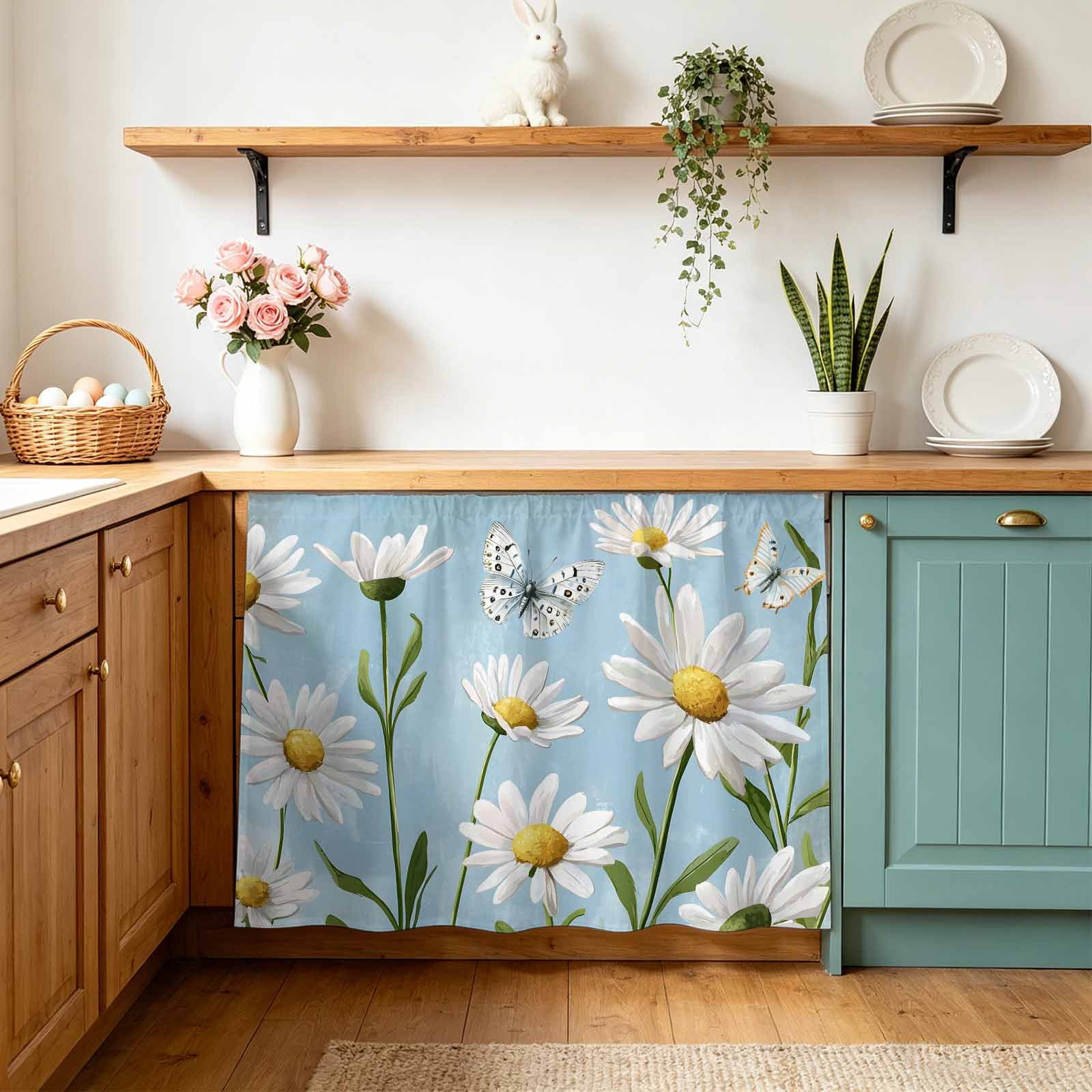 Blue Daisy Flower Sink Skirt 11"Wx13"L,Dustproof Under Sink Curtain ...