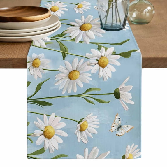 Blue Daisy Flower Table Runner, White Farmhouse Floral Spring Washable ...