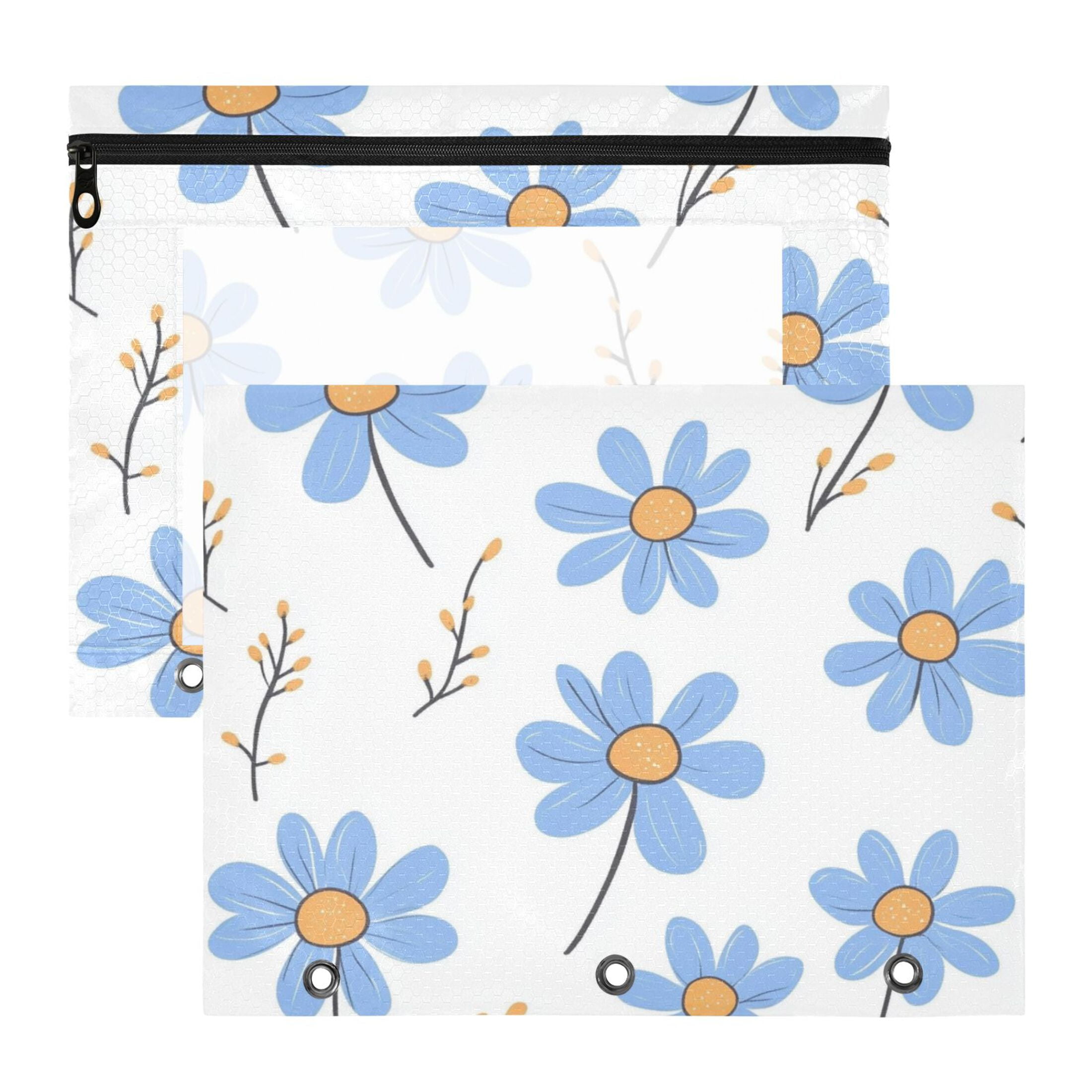 Blue Daisy Flowers Cute Cartoon 3-Ring Binder Pouches A4 Size Zipper ...
