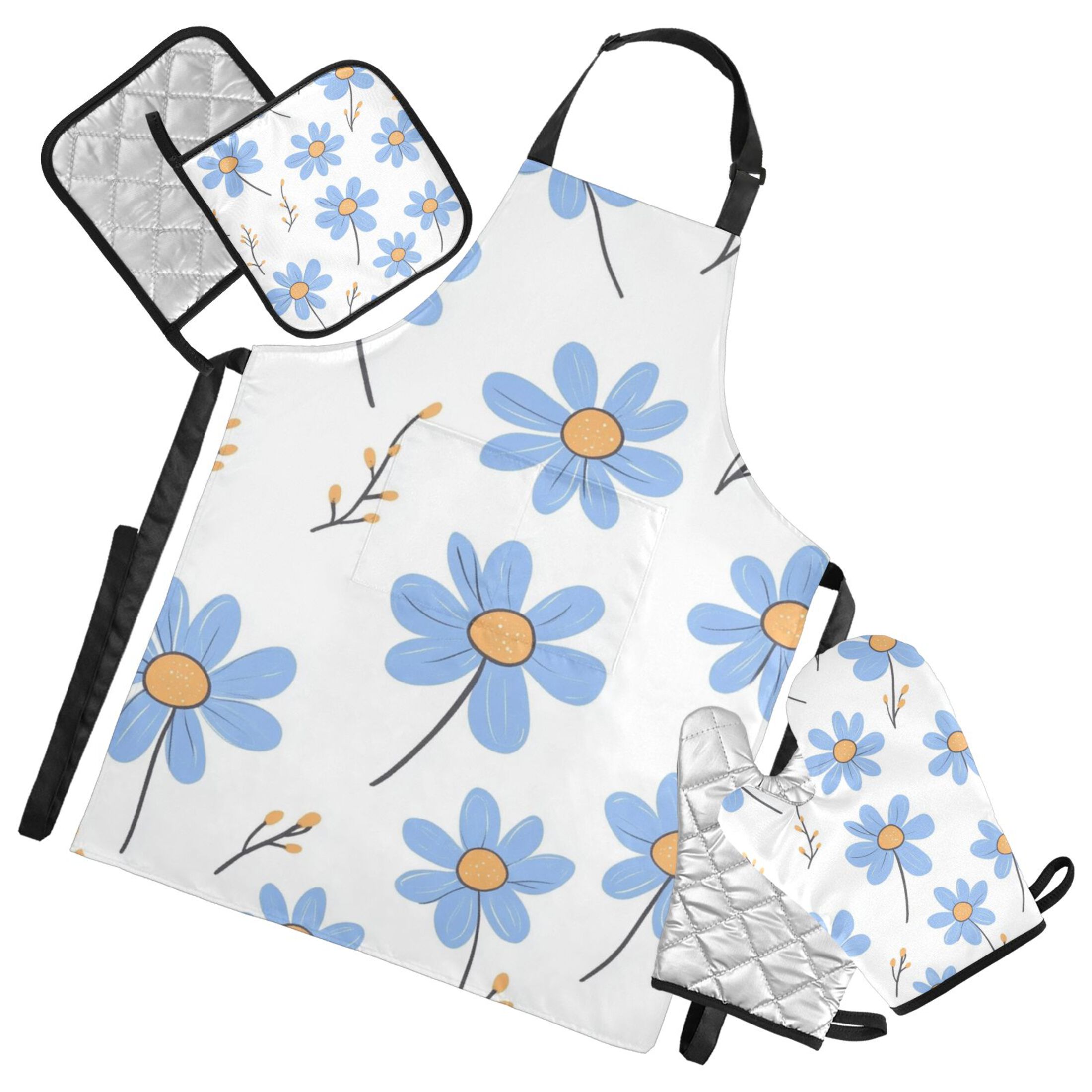 Blue Daisy Flowers Cute Cartoon Apron Set with Oven Mitts Pot Holders ...
