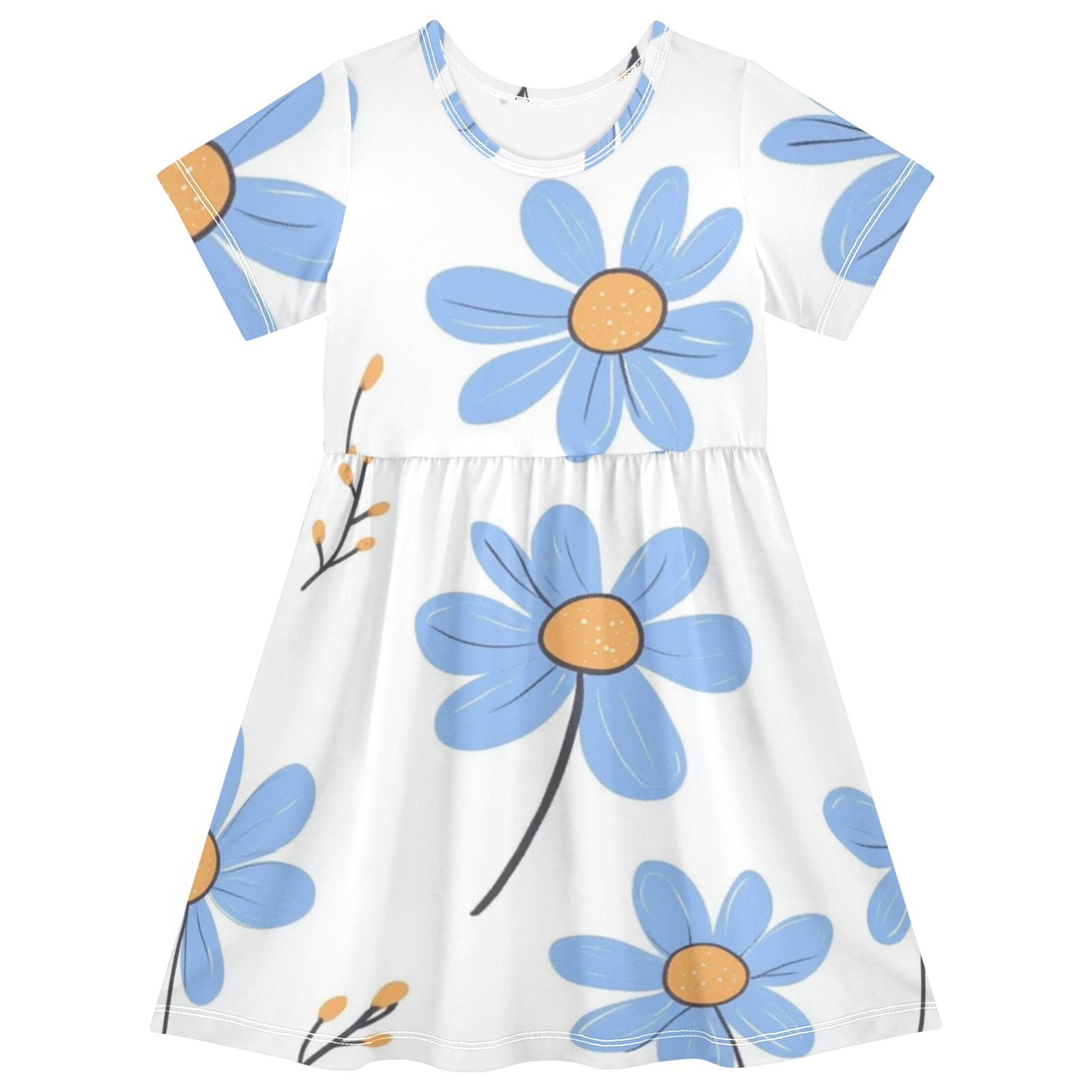 Blue Daisy Flowers Cute Cartoon Girls' Short Sleeve Dress A-Line One ...