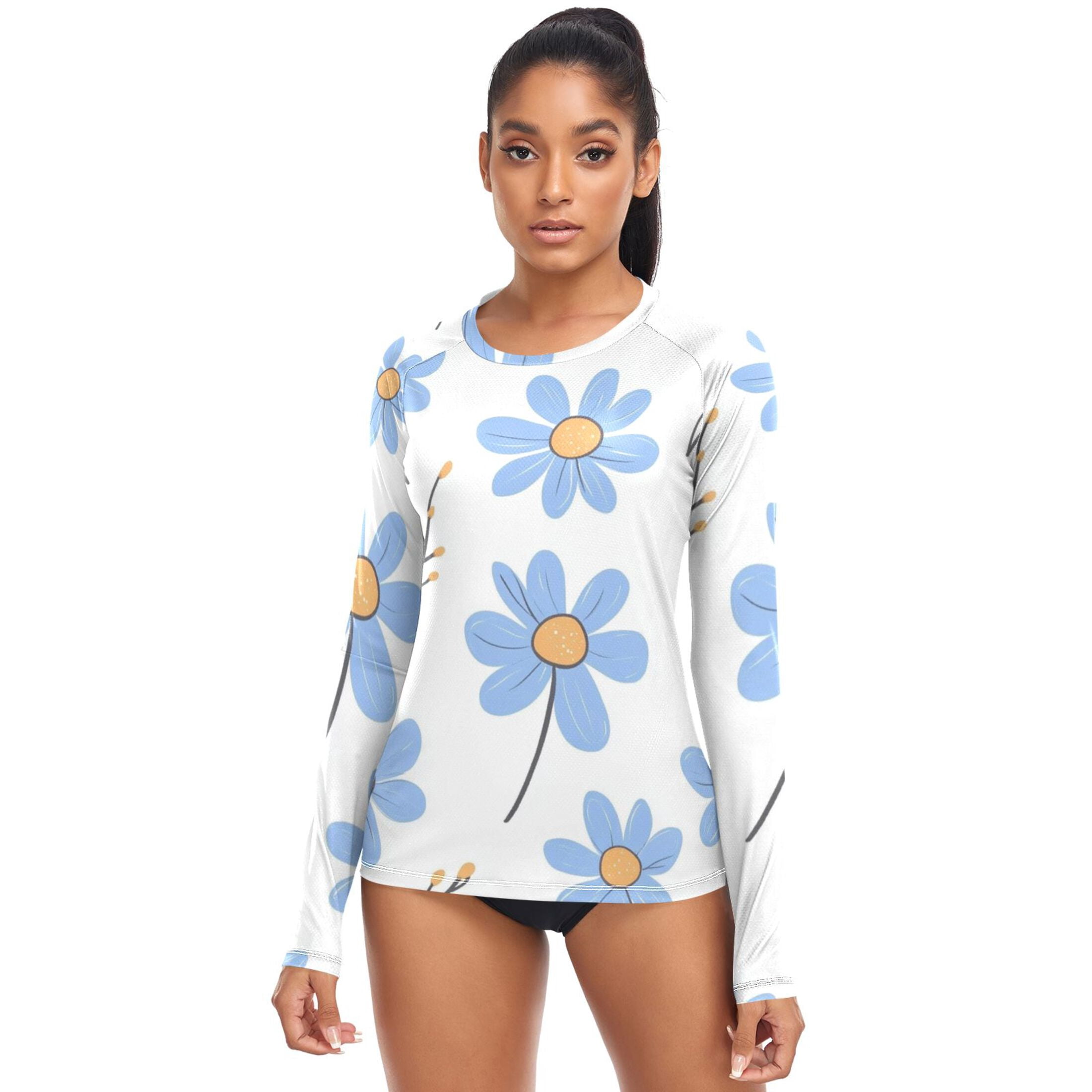 Blue Daisy Flowers Cute Cartoon Women's Rash Guard Shirts UPF 50+ Sun ...