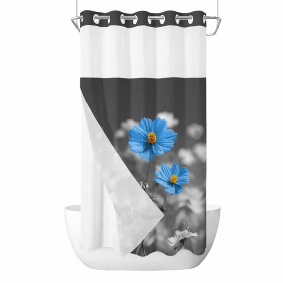 Blue Daisy No Hook Shower Curtain and Snap in Liner Set, Abstract Blue ...