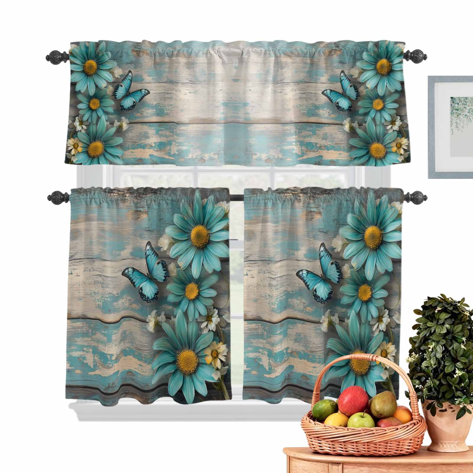 Blue Daisy Kitchen Curtains Valances 3 Piece Set, Spring Flowers ...