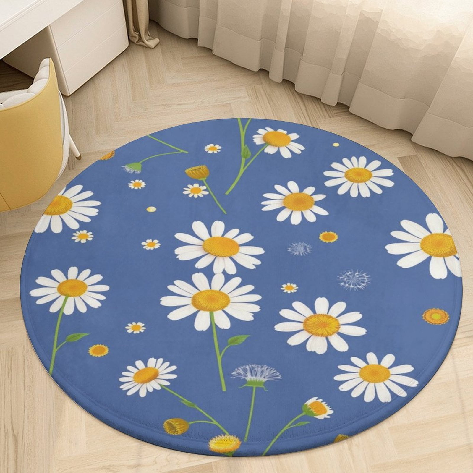 Blue Daisy Pattern Round Carpets Modern Living Room Ration Rugs Large ...