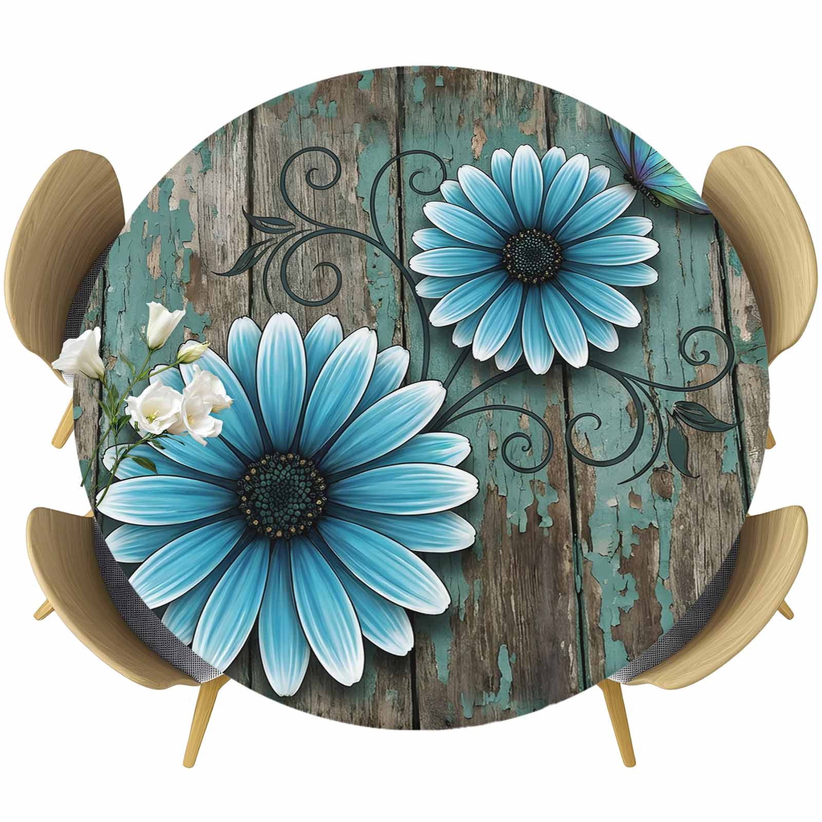 Blue Daisy Round Tablecloth 36-44 Inch Round Fitted Table Cloth with ...