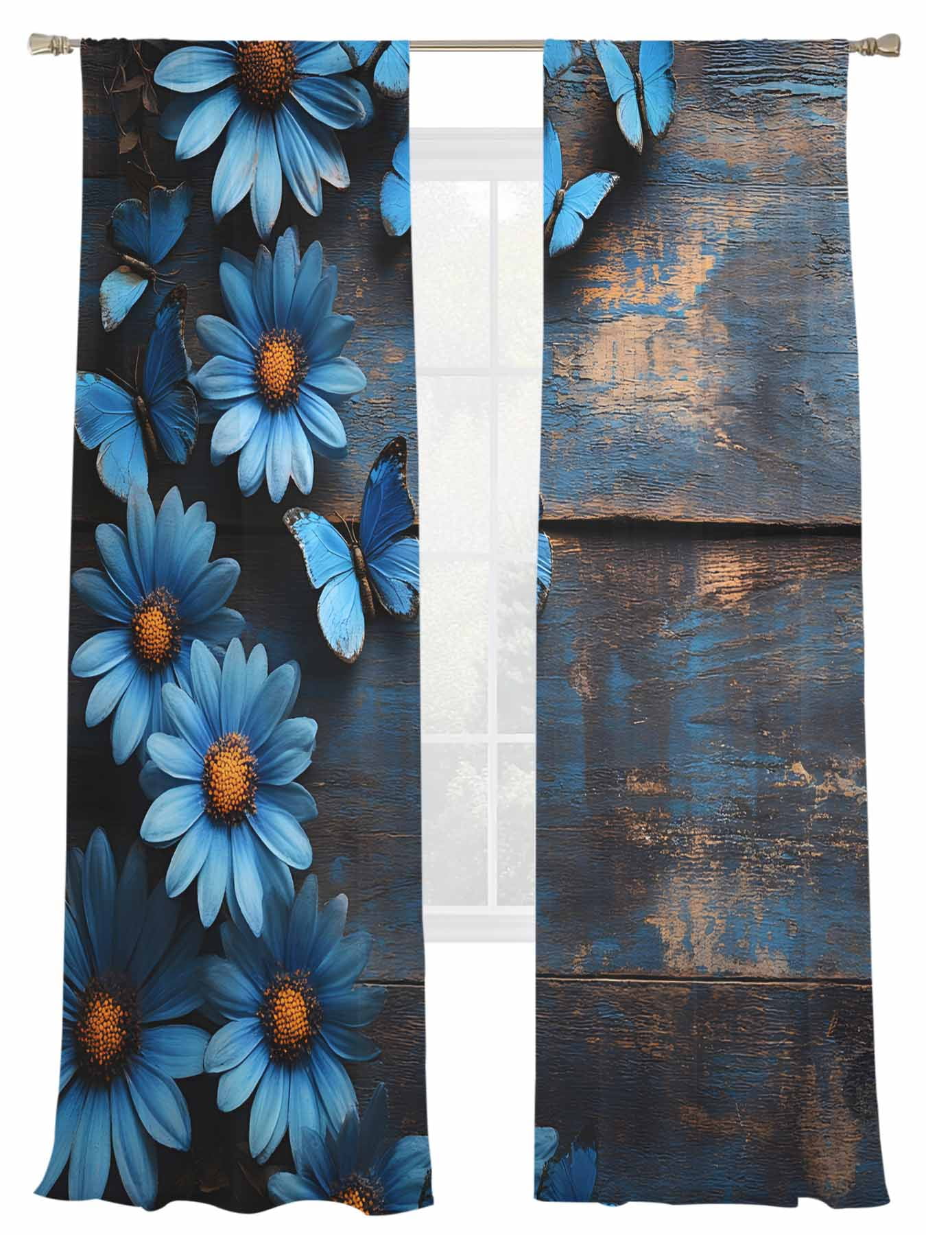 Blue Daisy Sheer Curtains for Living Room Bedroom, Spring Flower ...