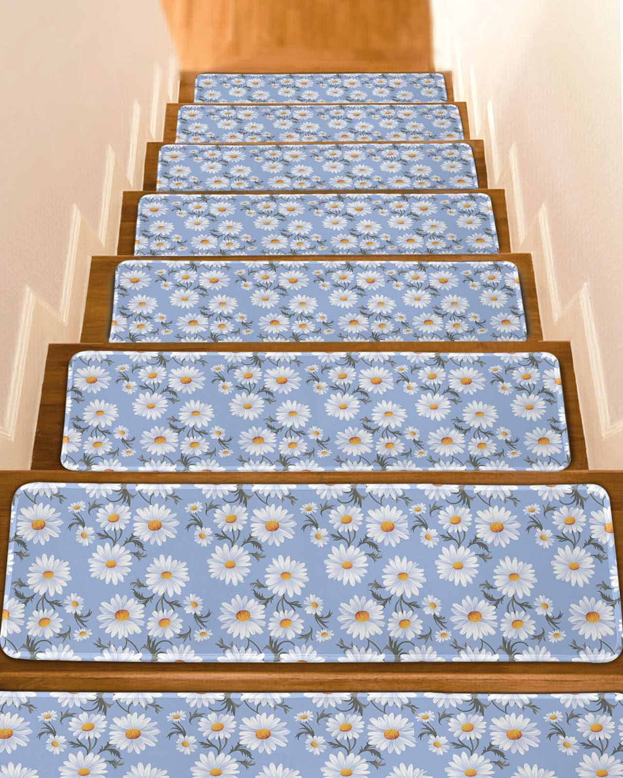 Blue Daisy Stair Treads for Wooden Steps Indoor Runner Rug Carpet ...