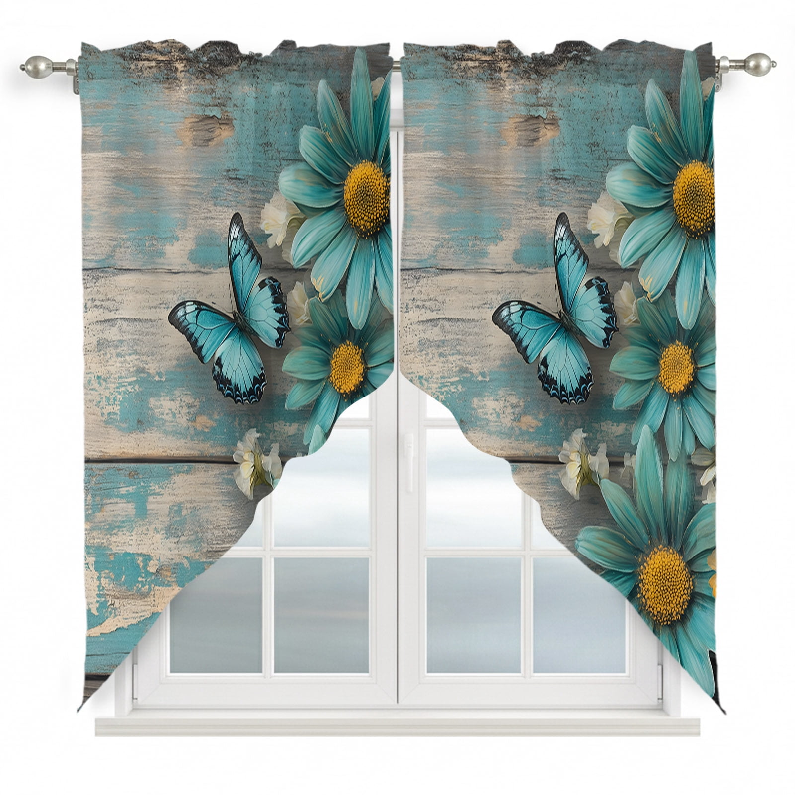 Blue Daisy Swag Curtain Valance for Window 2 Panels Spring Florals ...